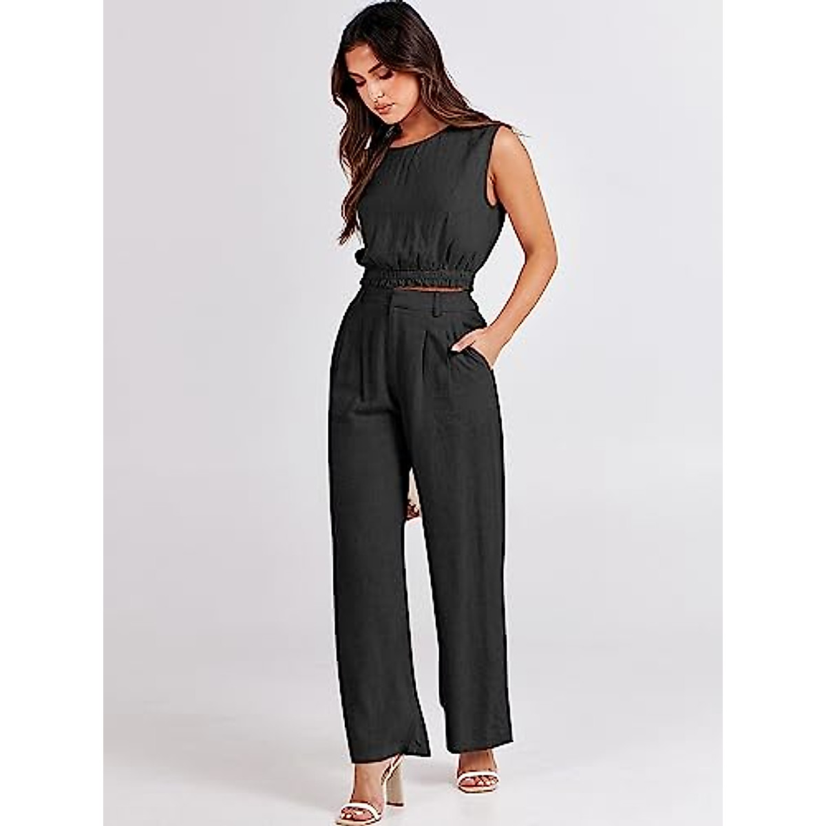 ANRABESS Two Piece Outfits for Women Cruise Resort Wear 2023 Sexy Summer Vacation Sleeveless Linen Crop Top Casual Matching Lounge Sets Comfy Tracksuits Long Pants Jumpsuits Cute Clothes A1102heise-M