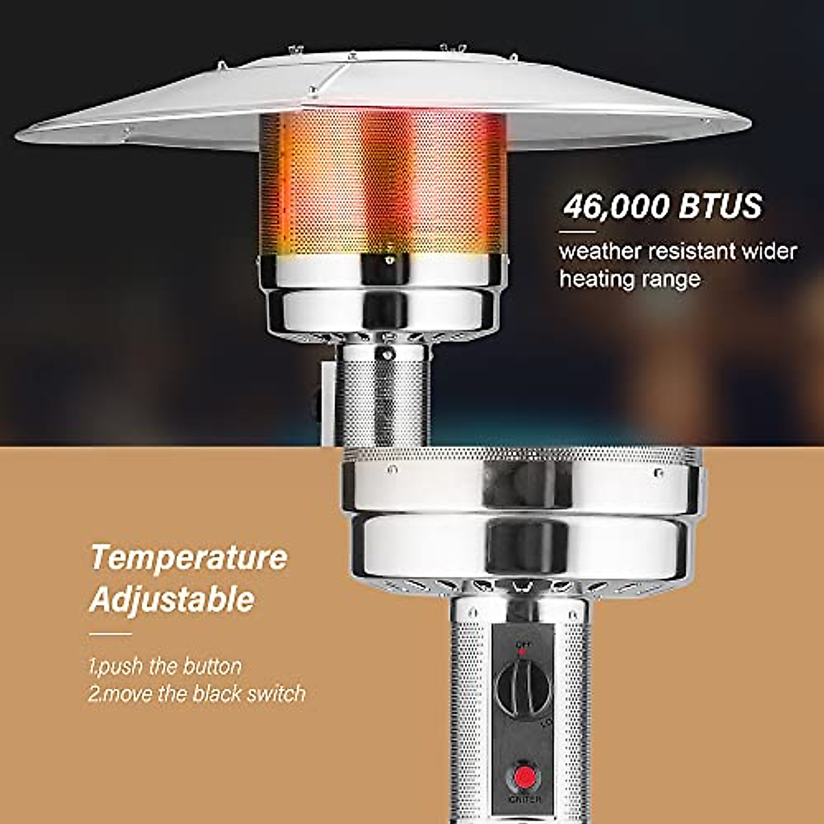 Saemoza 46,000 BTU Outdoor Propane Patio Heater, Standing Garden Heater with Wheels Outdoor Heater Propane Gas, ETL Certified Gas with Safety Ignition System (Silver)