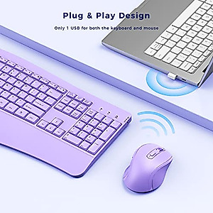 PEIOUS Wireless Keyboard and Mouse - Ergonomic Keyboard and Mouse Combo Full Size Keyboard Cordless with Palm Wrist Rest Ergonomic Mouse Wireless for Windows Computers Laptops - Light Purple