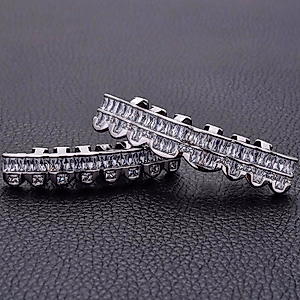 LKV Silver Teeth Grillz for Men and Women, Hip Hop Iced Out Diamond Mouth Grills for Your Teeth Top & Bottom, Rapper Costume Teeth Grillz with Extra Molding Bars