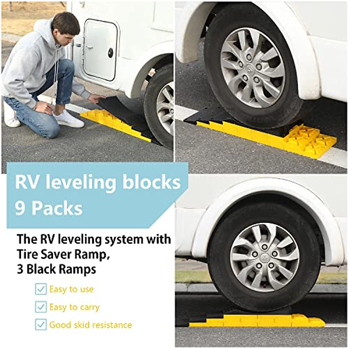 Homeon Wheels RV Leveling Blocks, Heavy Duty Camper Leveling Blocks and Chocks Anti-Slip Pads One Top Tire Saver Ramp, 3 Black Slanted Ramps, 9 Interlocking Leveling Blocks with Storage Bag(WH-202P)