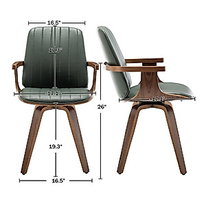 MCM Dining Chairs, Set of 2 Faux Leather Dining Chairs with Walnut Craftsmanship, Upholstered Faux Leather, Wooden Arms and Legs, Green Leather Dining Chair for Kitchen/Living Room (Green, Swivel)