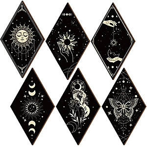 6 Pieces Hallowen Wall Decor Gothic Skeleton Boho Wall Art Moon Stars Sun Witchy Phases Home Decor Wooden Minimalist Wall Pediments for Halloween Gallery Living Bedroom Room (Boho)