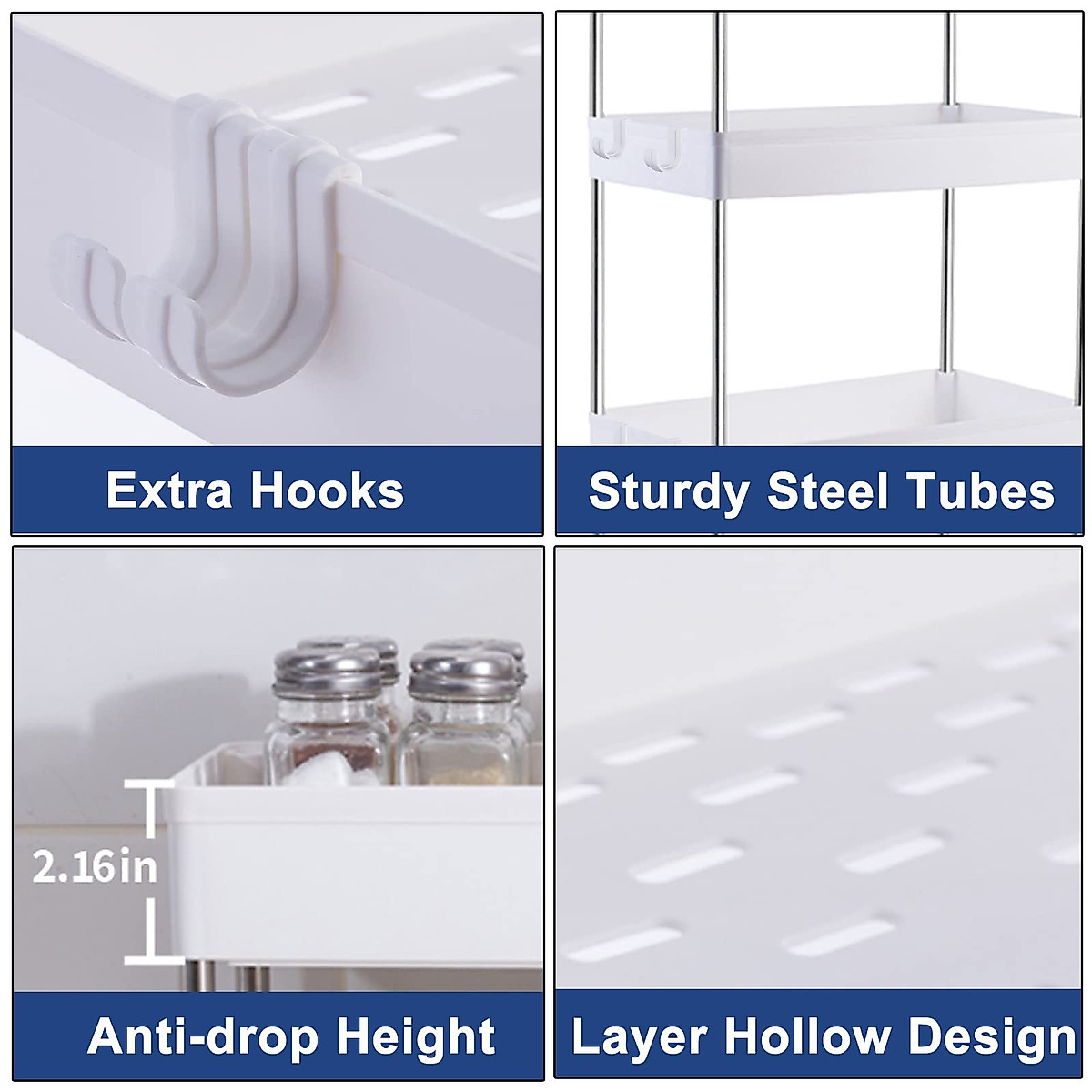 Mupera 5-Tier Rolling Cart - Slim Utility Cart with Wheels and 8 Side Hooks, Movable Storage Organizer Shelves, Space-Saving Rolling Storage Cart for Narrow Places in Office, Bathroom, Kitchen, White