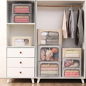 FHSQX Clothes Storage Bins,Foldable Clothing Storage Box,Stackable Steel Frame Oxford Fabric Organizer with Clear Window & Carry Handles (Beige, (15.7 * 12 * 8) x2)