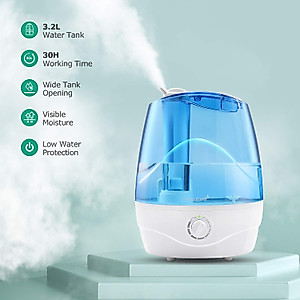 Cool Mist Humidifier, 3.2L Ultrasonic Humidifiers for Bedroom Kids, Air Humidifier for Home, Whisper Quiet Vaporizer for Babies with 360°Nozzle,Waterless Auto Shut Off,30H Work Time, Filterless, Blue