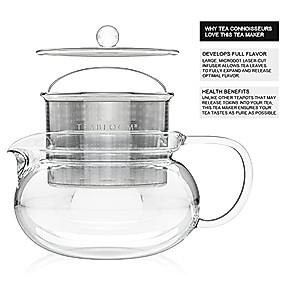Teabloom Kyoto 2-in-1 Tea Kettle and Tea Maker – Glass Teapot with Removable Loose Tea Infuser – Tea Connoisseur's Choice