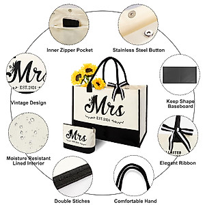 Mrs 2024 Bride Canvas Tote Bag with Bride Makeup Bag, Bride Gifts Bride Bag Tote for Wedding Bridal Shower Bachelorette Party Engagement Honeymoon, Miss to Mrs Bag, Bride to Be Gifts, Future Mrs Gifts