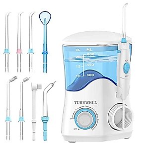 TUREWELL Water Dental Flosser for Teeth/Braces, Water Teeth Cleaner Pick 8 Jet Tips and 10 Pressure Levels, 600ML Large Water Tank Oral Irrigator for Family(White)