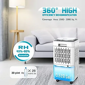 LUKO 2000 Sq. Ft Dehumidifiers for Large Room and Basements, 30 Pints Dehumidifier with Drain Hose, Auto or Manual Drainage, 0.528 Gallon Water Tank, Auto Defrost, Dry Clothes Function, 24H Timer (white)