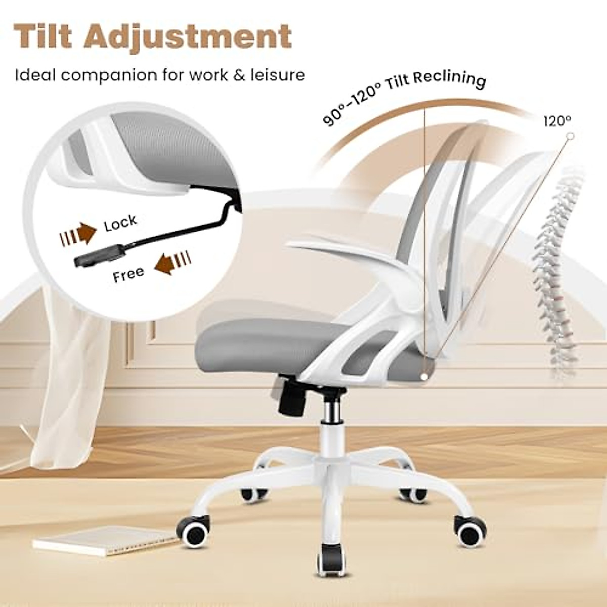 Razzor Office Chair, Ergonomic Computer Desk Chair with Lumbar Support, Breathable Mesh Rolling Swivel Task Chair with Flip-up Armrest and Adjustable Height for Home Office - LightGray