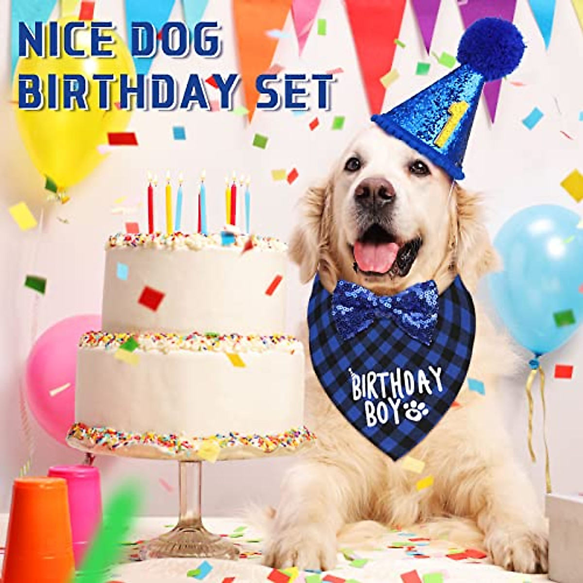 Dog Birthday Party Supplies Birthday Boy Girl Cake Bandana Triangle Scarf Clothes Shirt Cute Hat, Bow Tie Collar with 0-8 Numbers for Dog Puppy 1st Birthday Outfit (Elegant Style)