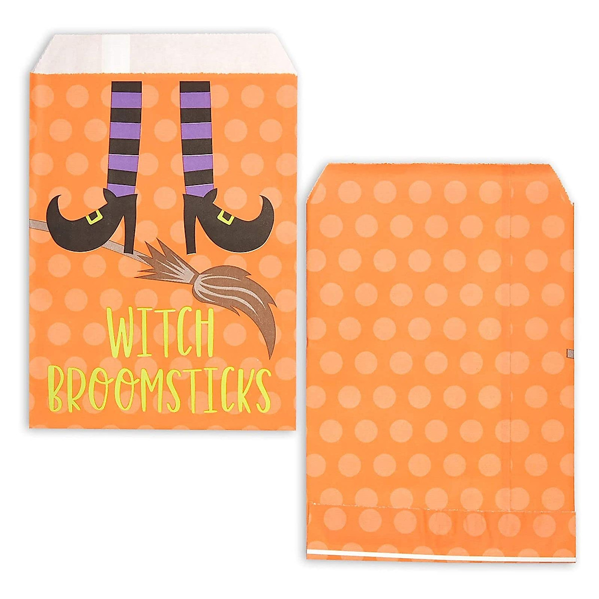 BLUE PANDA 100 Pack Halloween Paper Bags, Small Paper Halloween Treat Bags, Bulk Goody Bags for Candy, and Favors, 4 Designs, Vampire Teeth, Witch Broomsticks, Bag of Bones, Spider Eggs (8 x 5 In)