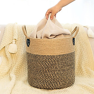 DOUBLE POMELO - Shelf Basket Jute Basket Woven Basket for Comforter Cushions Blanket Basket Toy Basket with Handle Laundry Hamper with Handle Brown and Black (11'' x 11'')