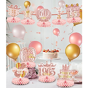 9 Pcs 60th Birthday Decoration for Women Happy 60th Birthday Table Honeycomb Decorations Rose Gold Pink Centerpieces Tables Toppers1965 Decor Cheers to 60 Years Old Birthday Party Favors
