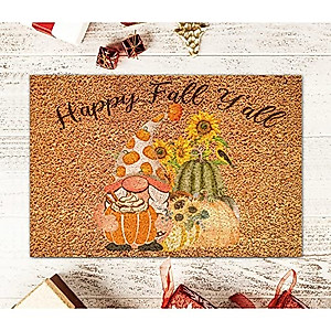 Happy Fall Y'all Coir Mat Autumn Harvest Gnome Pumpkin Sunflower Bird Doormats Durable Non Slip Waterproof Funny Front Door Mat for Garage Patio High Traffic Areas 16x24in Housewarming Gift