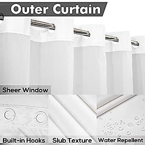 No Hook Slub Textured Shower Curtain with Snap-in PEVA Liner Set - 71" x 74"(72"), Hotel Style with See Through Top Window, Fabric Outer Curtain & Waterproof Inner Liner, White, 71x74