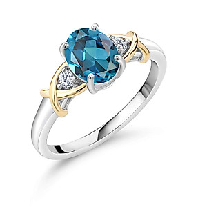 Gem Stone King 10K Yellow Gold and 925 Sterling Silver London Blue Topaz and White Lab Grown Diamond Ring For Women (1.58 Cttw, Available in size 5, 6, 7, 8, 9)