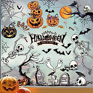 Mfault 65PCS Happy Halloween Window Clings 9 Sheets, Trick or Treat Skeleton Skull Spooky Pumpkins Stickers Decals Decorations, Boo Ghost Bat Holiday Party Supplies Living Room Home Kitchen Decor