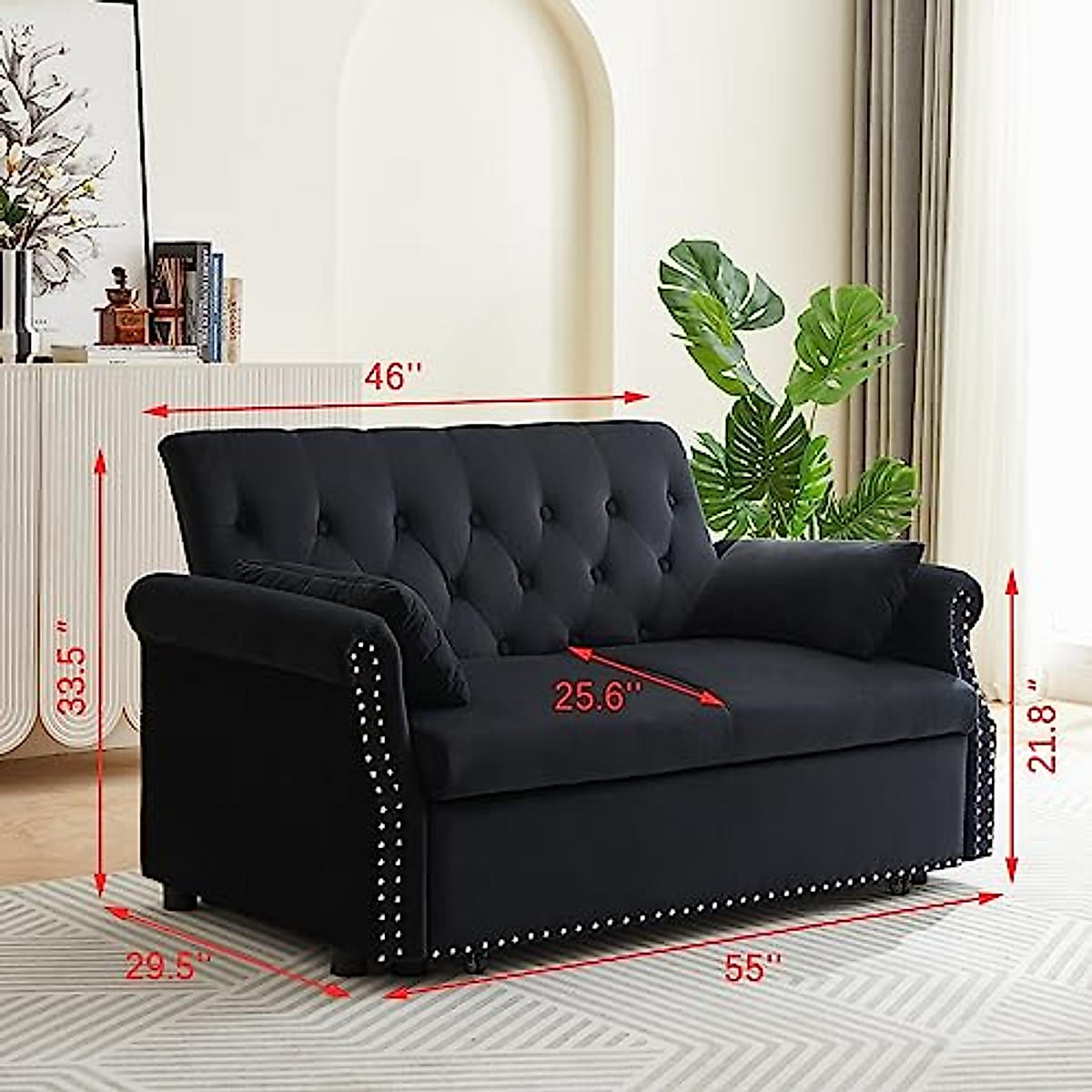 3 in 1 Sleeper Sofa Couch, Velvet Convertible Loveseat Sleeper with Adjustable Backrest, Pull Out Sofa Bed for Living Room Apartment, 55" Black