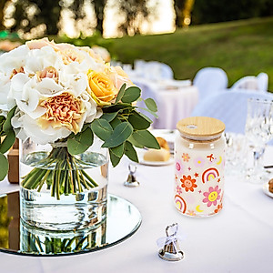 Whaline Boho Ice Coffee Cup 16oz Retro Groovy Glasses Cup with Bamboo Lids Glass Straw Cleaning Brushes Flowers Aesthetic Drinking Glasses Beer Glass Can for Cocktails Whiskey Beer Soda Gifts, 2Pcs