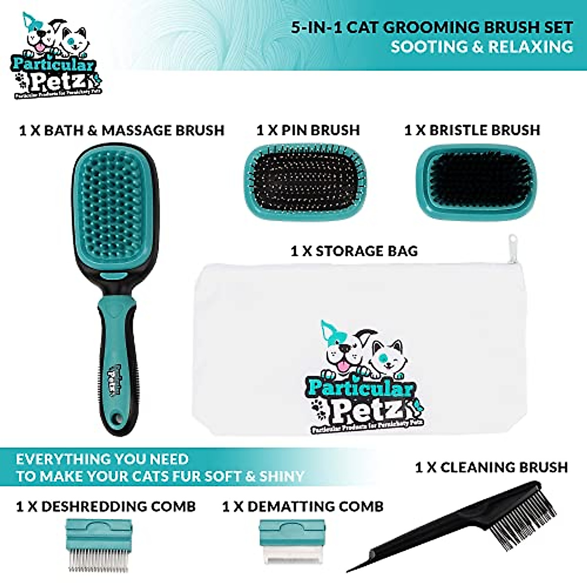 Paticular Petz Cat Brush 5-in-1 Set Cat Brushes for Indoor Cats - Cat Brush for Shedding, Dematting Comb, Bristle & Pin Brush, Massage Brush & Bag
