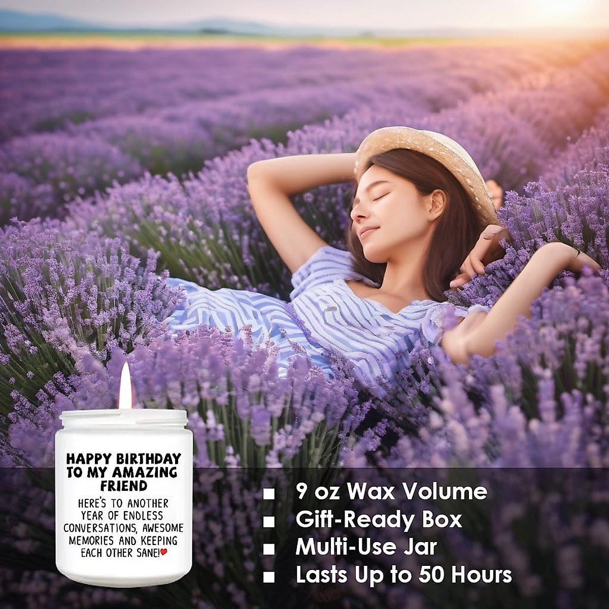 POTENTIA Birthday Gift for Women Happy Birthday Candle Birthday Gift Ideas for Her and Him Best Friend Female Girl Coworker Bestie Men BFF Gift 9Oz Lavender Scented Candle with Gift Ready Premium Box