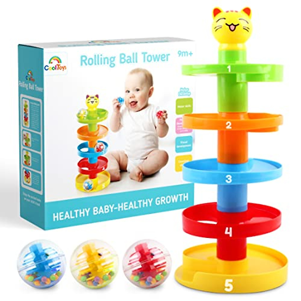 5 Layer Ball Drop and Roll Swirling Tower for Baby and Toddler Development Educational Toys | Stack, Drop and Go Ball Ramp Toy Set Includes 3 Spinning Acrylic Activity Balls with Colorful Beads