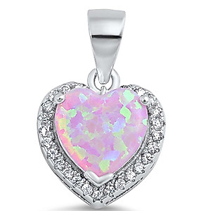 Oxford Diamond Co Lab Created Pink Opal Heart with CZ .925 Sterling Silver Pendant Necklace