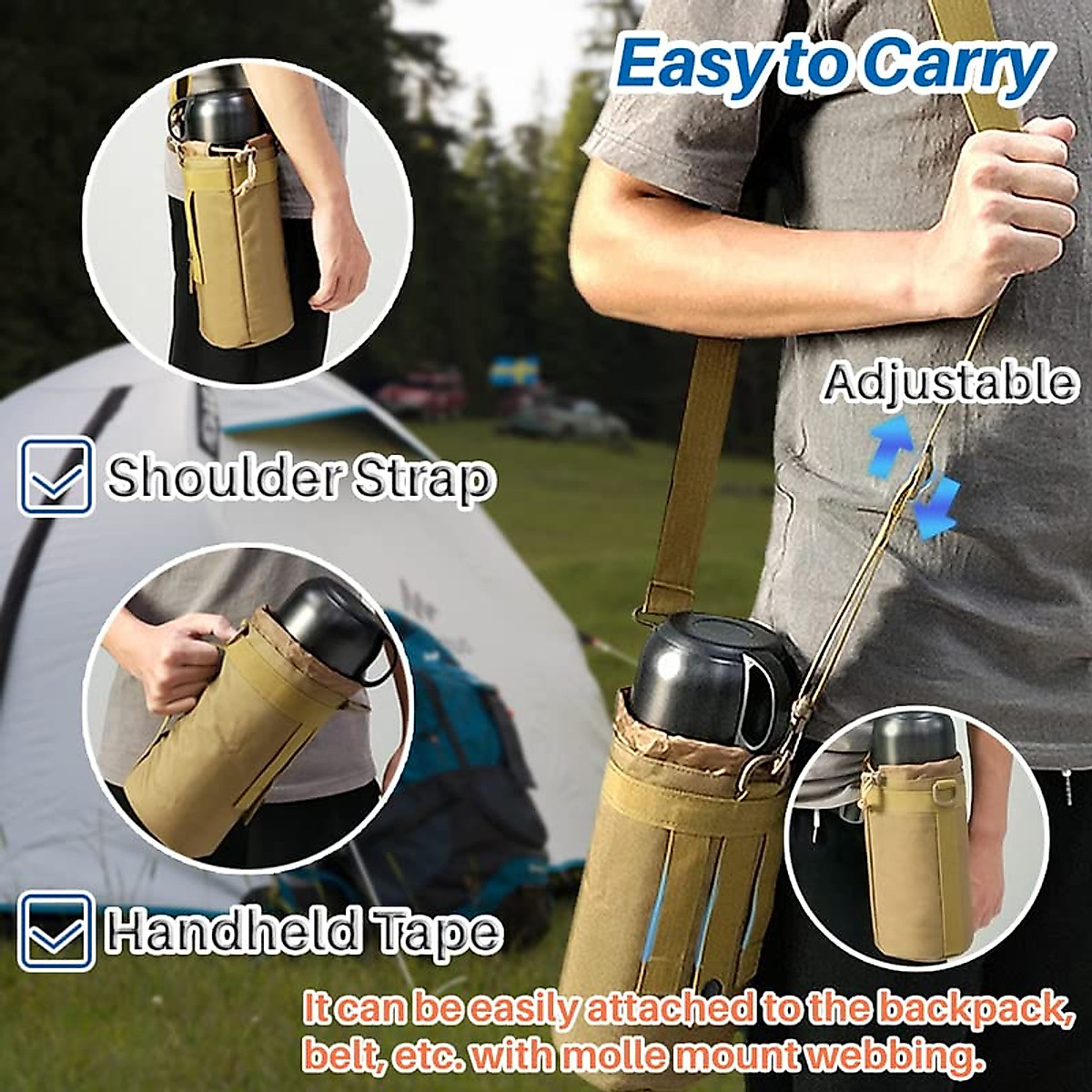 Kalevel Large Water Bottle Holder Carrying Pouch Molle Tactical Holder Outdoor Water Bottle Bag Sling Drawstring Open Top with Strap for Hiking