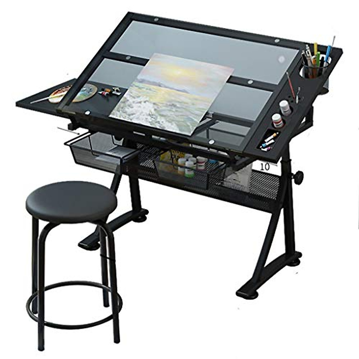 EESHHA Drawing Table Drafting Desk, Drafting Table with Storage, Height Adjustable Tiltable Art Desk, Glass Panel Drawing Desk, for Work Study Painting Craft Table