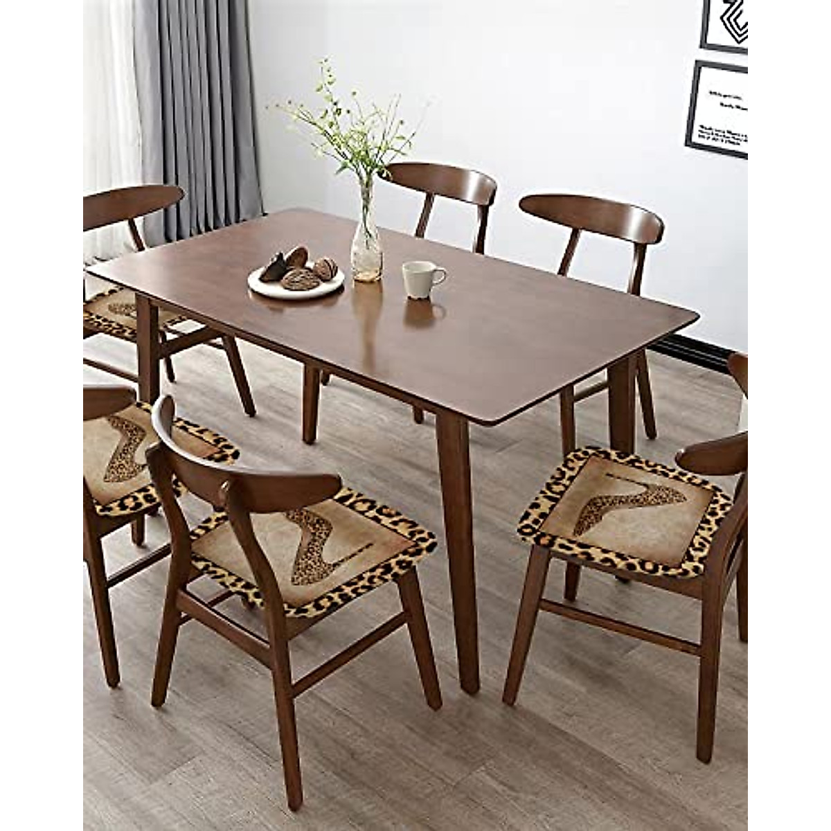 Animal Skin Texture Seat Covers for Dining Room Chairs Set of 6, Square Removable Washable Chair Protector, Anti-Wrinkle Seat Cushion Slipcovers for Kitchen Leopard Print High Heels