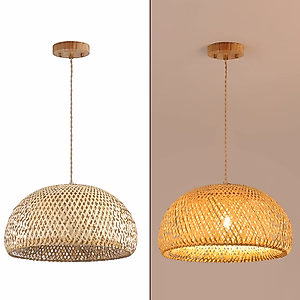 Hchunqjor Bamboo Large Pendant Light Fixture 17.8 inch One-Light Adjustable Rustic Basket Handmade Woven Pendant Lighting for Kitchen Island Farmhouse Dining Room Living Room