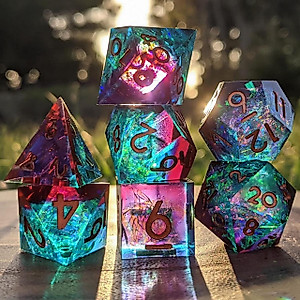 FOXBITE Sharp Dice 7 DND Dice Sets Polyhedral Teal Swirl Black with Sequins Inside with Gorgeous Box Case for DND Dungeons and Dragons (Teal Swirl Black with Sequins) (Fairies)