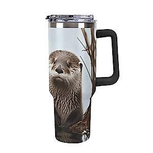 LLUTSNTH 40 Oz Vacuum Tumbler with Black Handle Leakproof Insulated Tumbler Cute Otter Stainless Steel Travel Mug with Lid And Straw Coffee Cup Cute Water Bottles Cup Holder Friendly