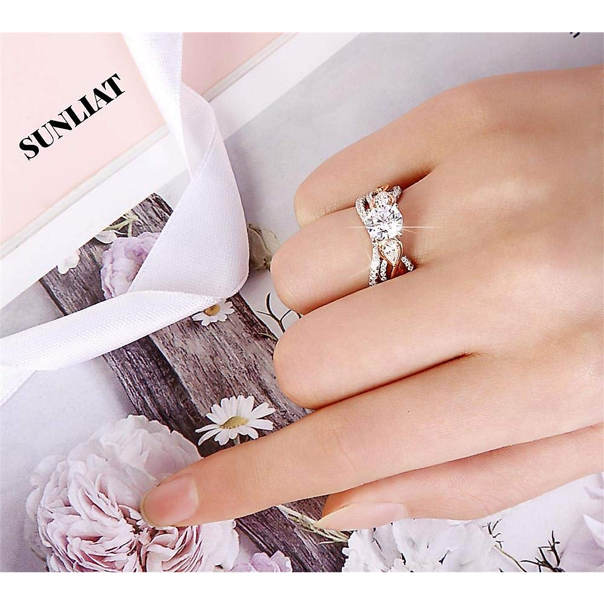SUNLIAT Engagement Ring Bridal Sets for Women,925 Sterling Silver Rose Gold Plated Cubic Zirconia Wedding Band Ring Set, Promise Rings for Her Anniversary Rings Size 8.5