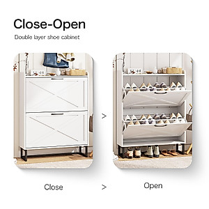 Maupvit Shoe Cabinet with 2 Flip Drawers, Freestanding Shoe Cabinet Organizer with Metal Legs, Shoes Storage Cabinet for Entryway, Narrow Shoe Rack Cabinet, White