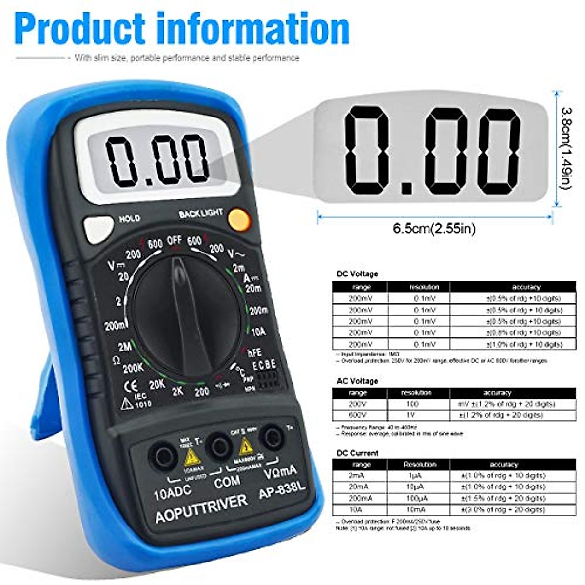 Digital Multimeter AP-838L Manual Range AC DC Amp Multimeter, Electric Tester Ohmmeter with Diode and Continuity Detector, Backlit Display and Insulated Rubber