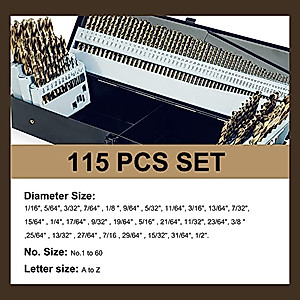 BeHappy Cobalt Drill Bit Set, 115Pcs M35 High Speed Steel Drill Bits, Twist Jobber Metal Drill Bit Set for Hardened Steel, Cast Iron, Plastic, Wood, Indexed Storage Case, 1/16"-1/2", A-Z, 1-60 Amber