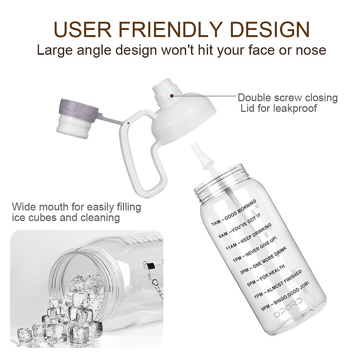 Opard Half gallon Water Bottle with Time Marker, 64oz Motivational Water Jug Large Sports Water Bottle with Straw Handle BPA Free for Gym Fitness (White)