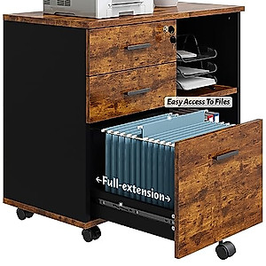 Wood File Cabinet, 3 Drawer Mobile Lateral Filing Cabinet On Wheels, Printer Stand with Open Storage Shelves for Home Office (Wood)