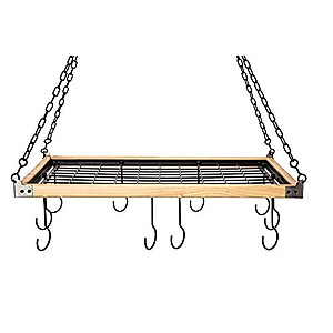 SODUKU Pot Pan Rack with Shelf Grid, Ceiling Mounted Hanging Multi-Purpose Wood & Metal Cookware Hanger Organizer Kitchen Storage with 10 Hooks