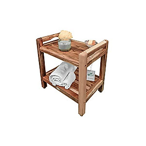DecoTeak Earthy Teak Shower Stool Eleganto Natural Wood Seat Shower Bench with Storage Shelf and LiftAide Arms for Indoors and Outdoors - 14 inches Wide