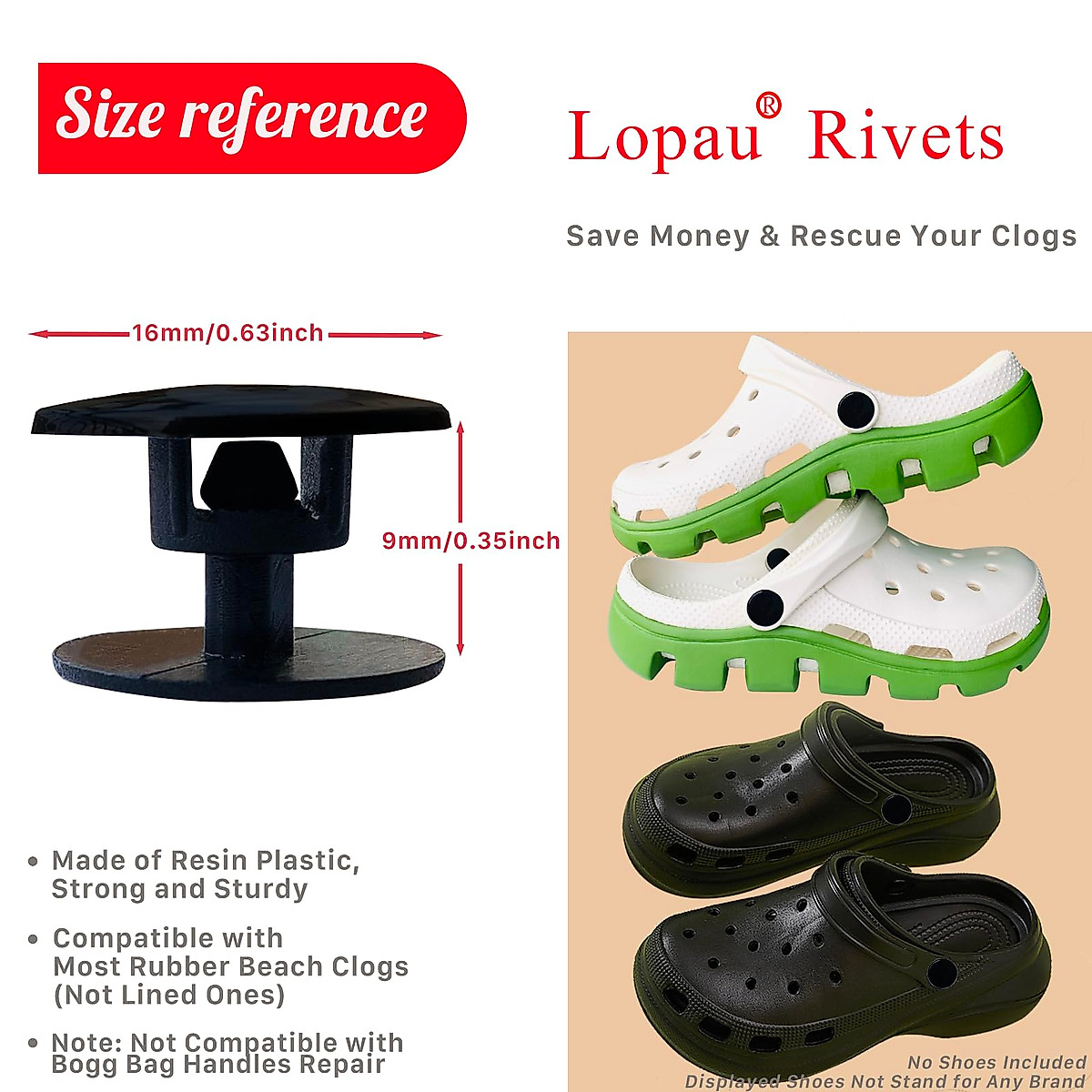 Lopau 10Sets Replacement Rivets for Croc, Replacement Strap Buttons Snap for Clogs EVA Shoes, Rivets Parts for Clog Shoe Strap Repair Kit(Black)