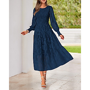 BTFBM Casual Women's 2025 Fall Dresses Elegant Wedding Guest Dress Long Sleeve Floral Midi Dress Flowy Bohemian Long Dress(Dark Blue,Small)