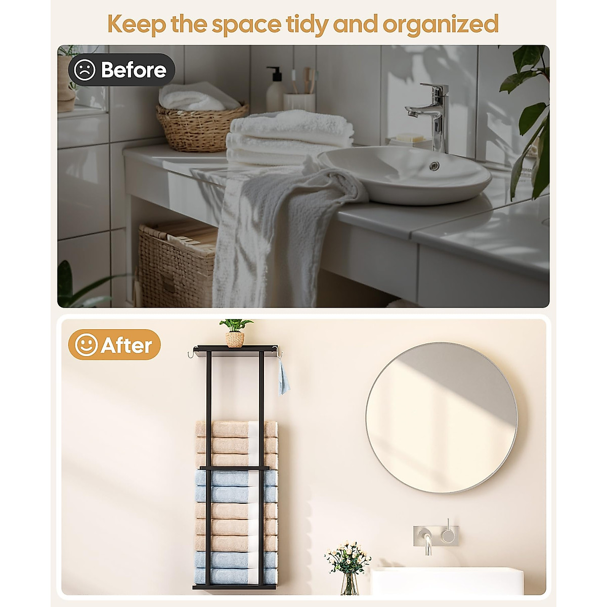 Cozivolife Bamboo Towel Rack for Bathroom with 2 Hooks, 32.7 inch with Shelf Wall Mounted Towel Storage Organizer, Large Capacity Towel Holder for Bathe Towels and Hand Towels (Black)