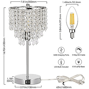 Touch Control Crystal Table Lamp with Dual USB Charging Ports, 3-Way Dimmable Bedside Touch Lamp Decorative Nightstand Lamp with Elegant Lamp Shade for Living Room Bedroom, B11 LED Bulb Included