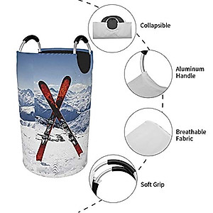 Dujiea 82L X-Large Laundry Basket Tall, Pair Of Cross Skis In Snow Collapsible Laundry Hampers with Aluminium Handles Big Clothes Basket Kids Laundry Bin Round Storage Basket for Dorm Room