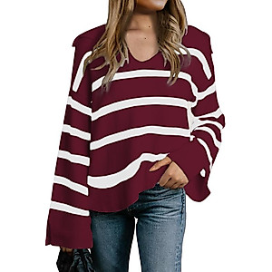 SHEWIN Womens Fashion Sexy V Neck Sweater Casual Bell Sleeve Cute Knit Tops Lapel Collar Winter Clothes for Women 2023 Biking Red Large