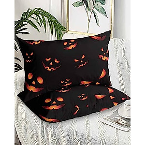 Edwiinsa Halloween Pillow Covers Standard Size Set of 2 Bed Pillow, Fall Pumpkin HorrorBlack Orange Plush Soft Comfort for Hair/Skin Cooling Pillowcases with Envelop Closure 20''x26''